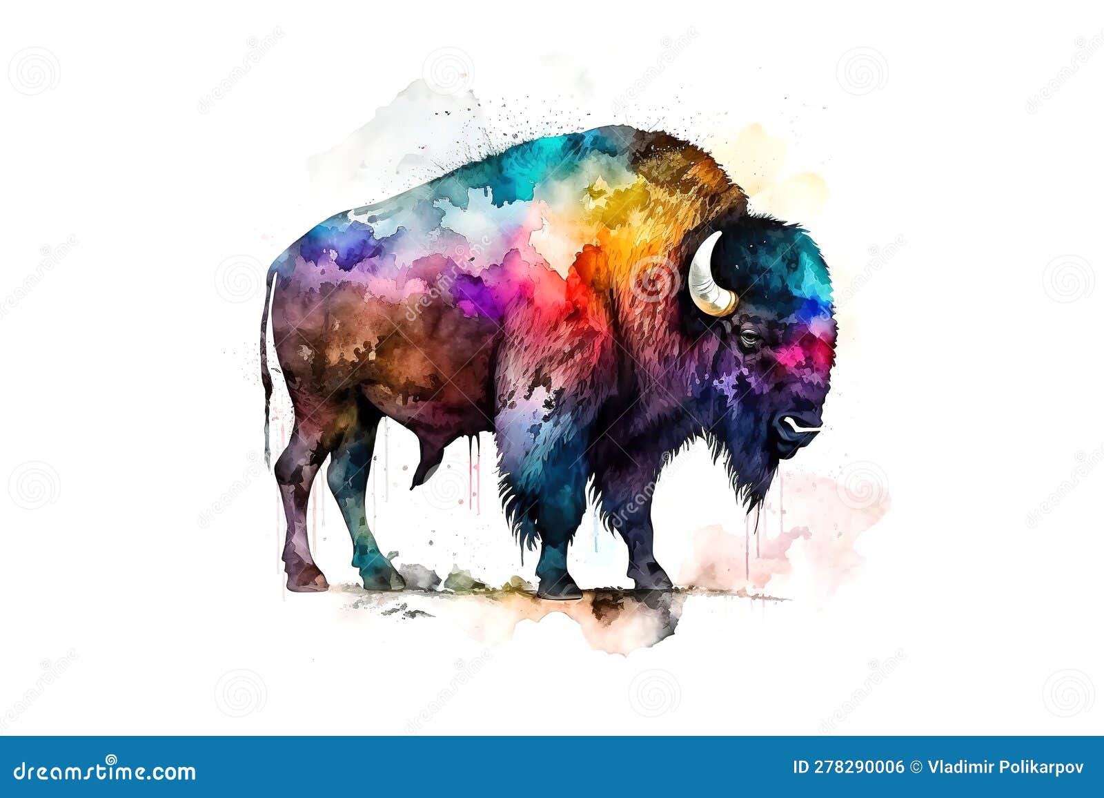 Bison is Drawn with Multi-colored Watercolors Isolated on a White ...