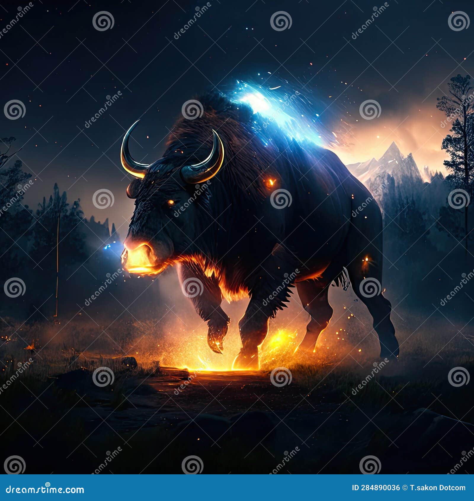 Bison at the Fire in the Night Forest. Digital Painting Stock ...