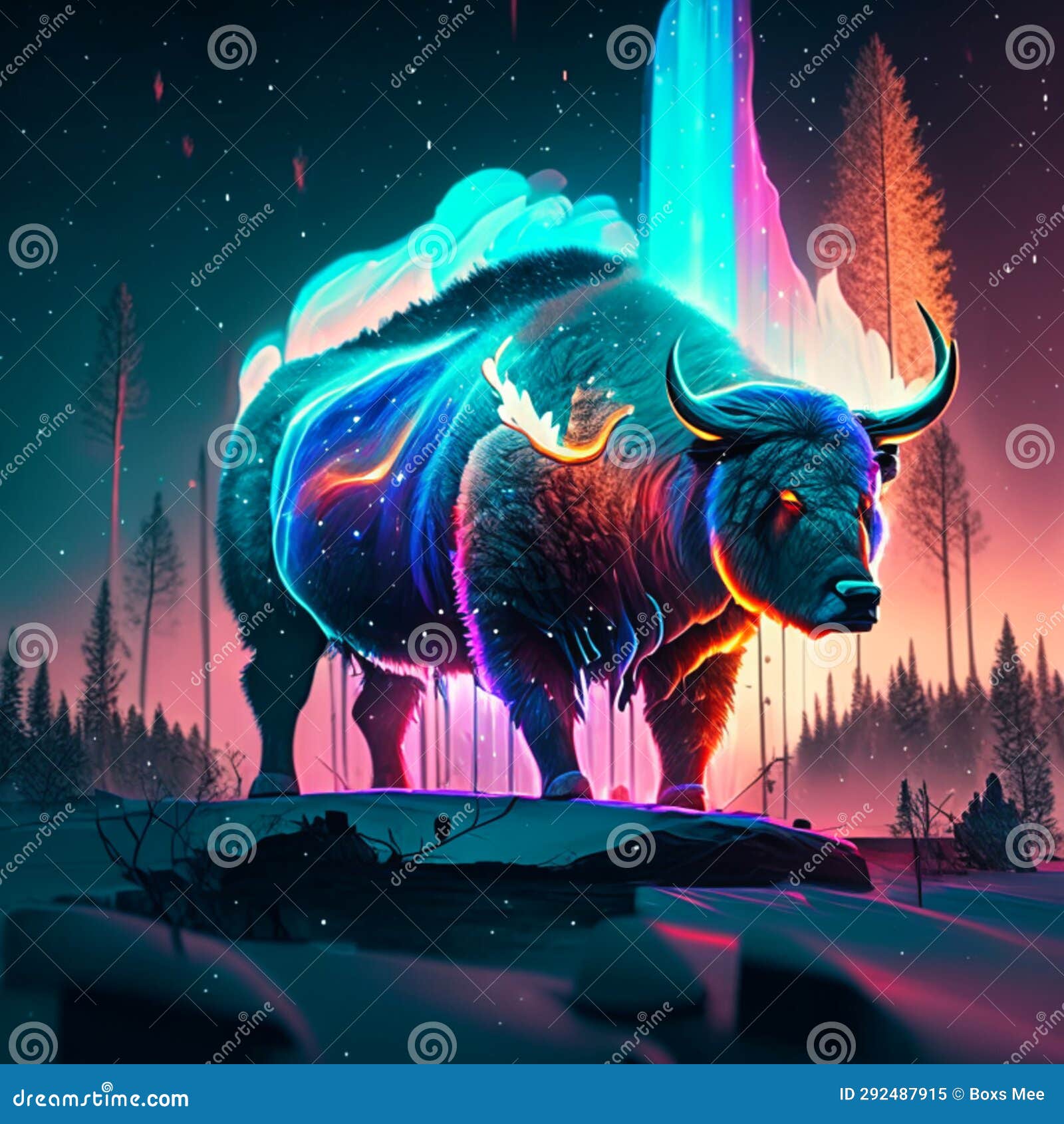 Bison in the Forest at Night. 3d Render Illustration Stock Illustration ...