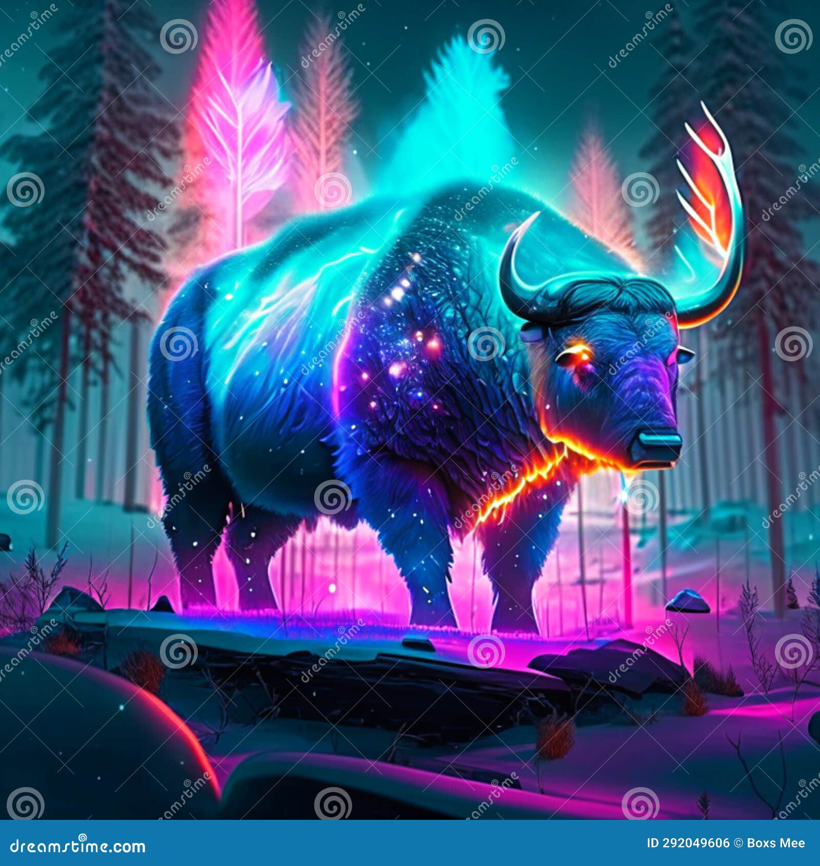 Bison in the Night Forest. 3d Rendering, 3d Illustration Stock ...