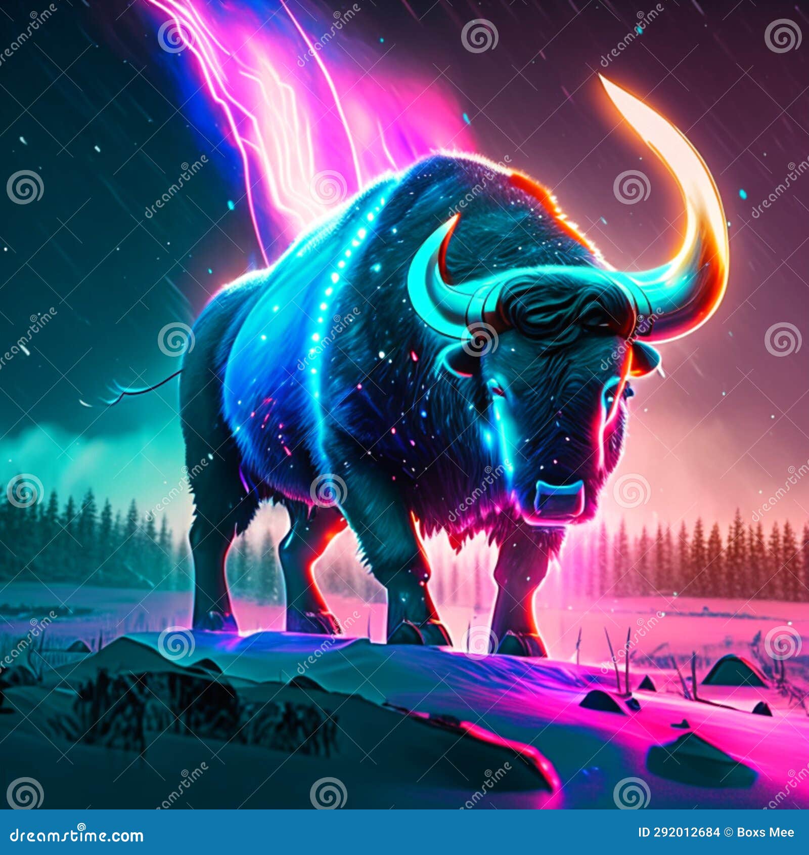 Bison in the Night Forest. Illustration of a Powerful Powerful Bison ...