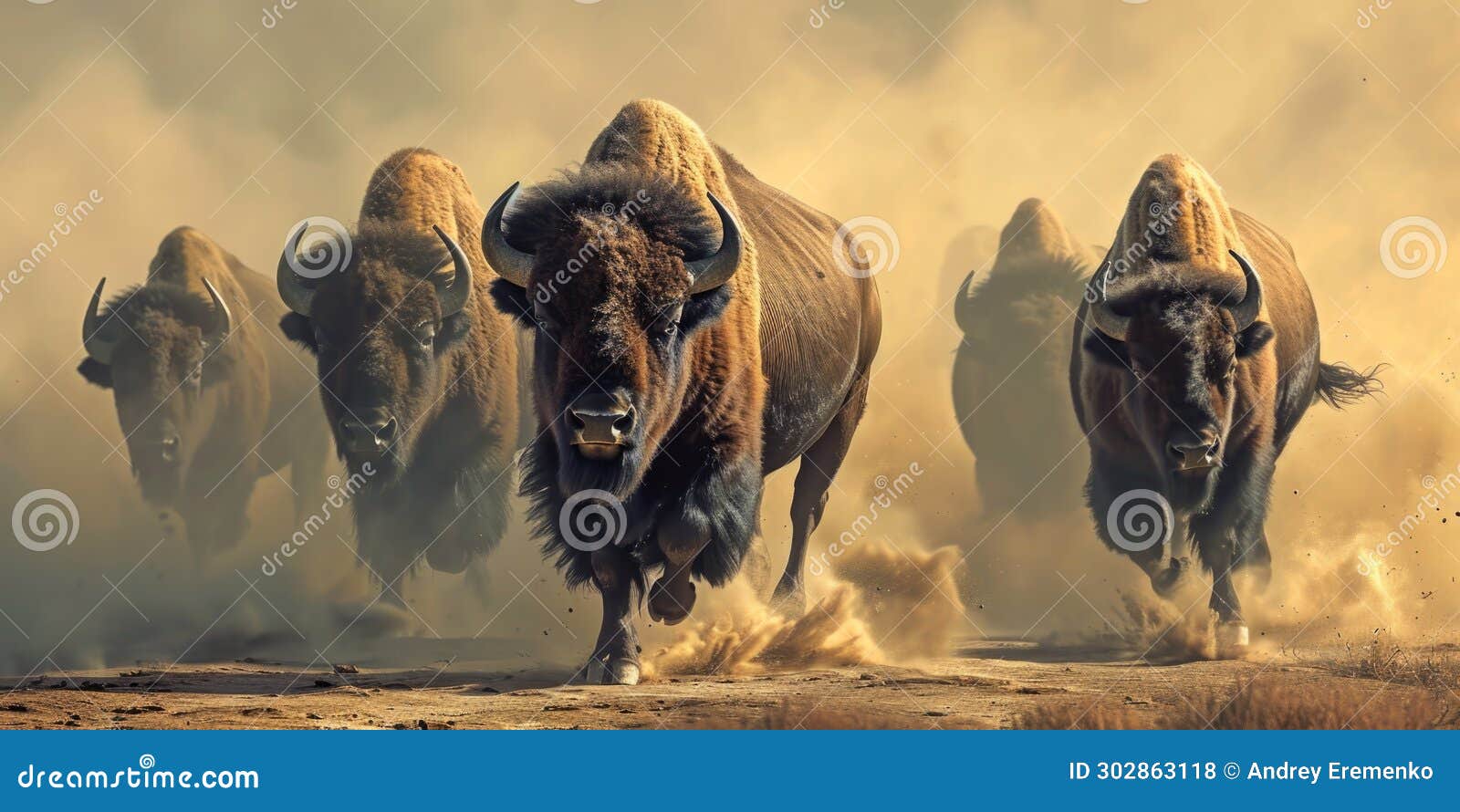 Bison Run at Full Speed through the Dust Stock Illustration ...