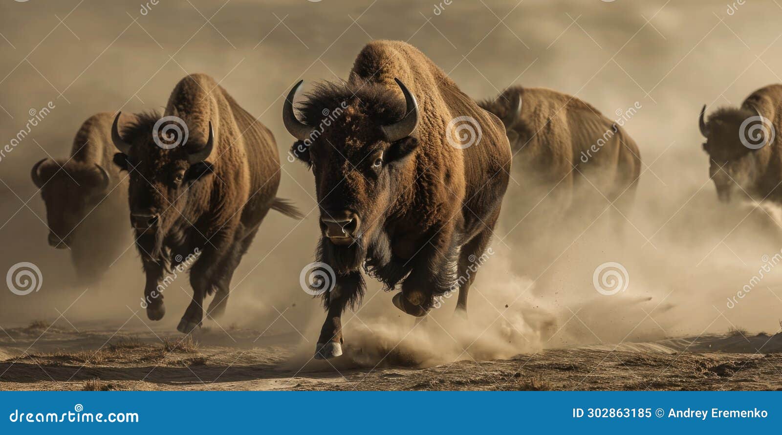 Bison Run at Full Speed through the Dust Stock Illustration ...
