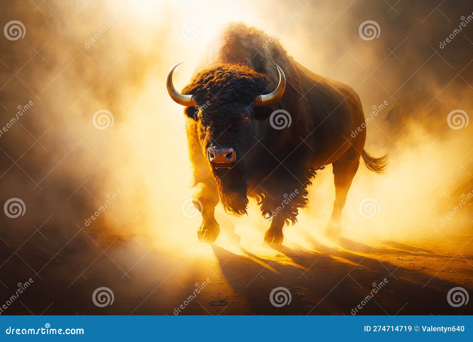 Bison is Running through the Dust in the Sunlit Area of the Picture ...