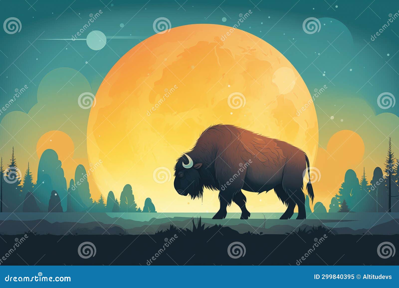 Bison Silhouette Against the Backdrop of a Luminous Full Moon Stock ...