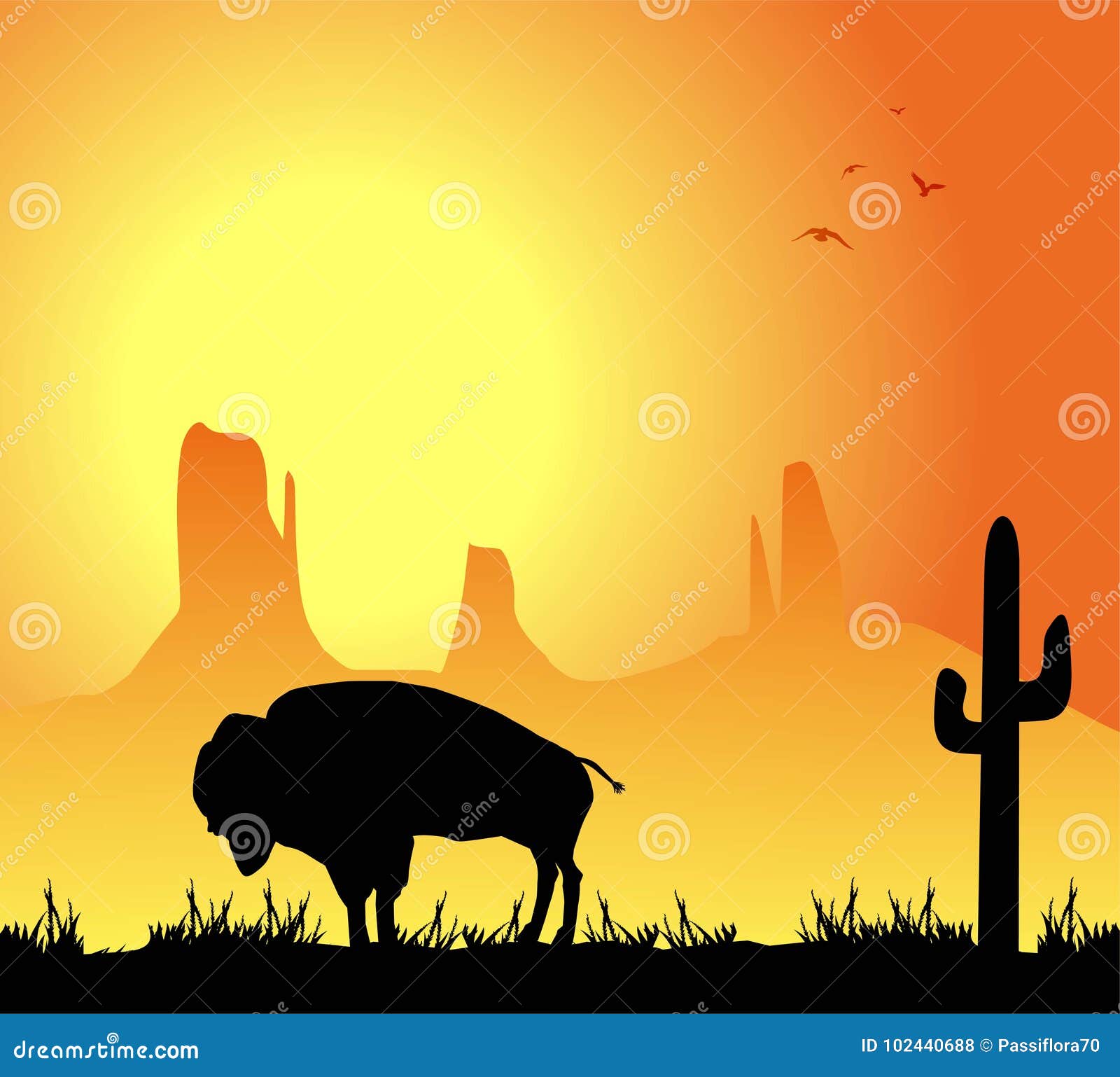 Bison silhouette at sunset stock vector. Illustration of desert - 102440688