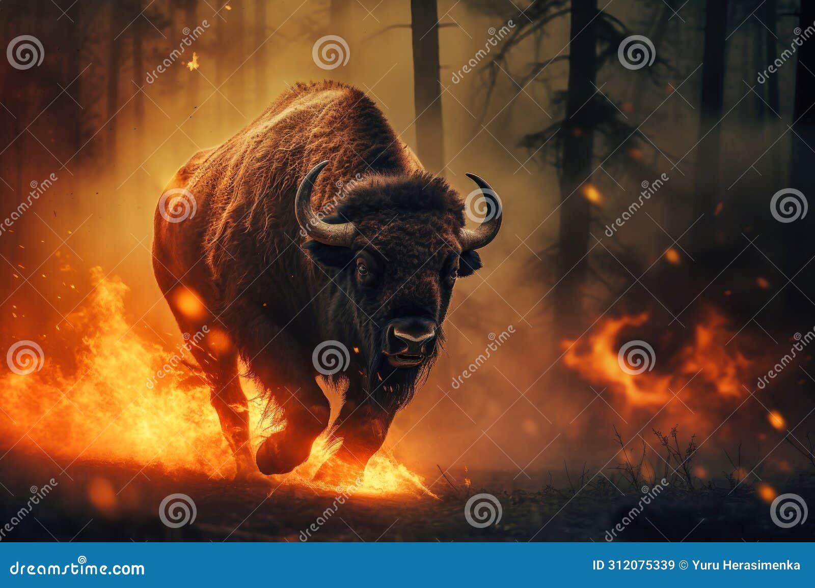 A Bison Standing in Front of a Fire in a Forest, Representing the ...