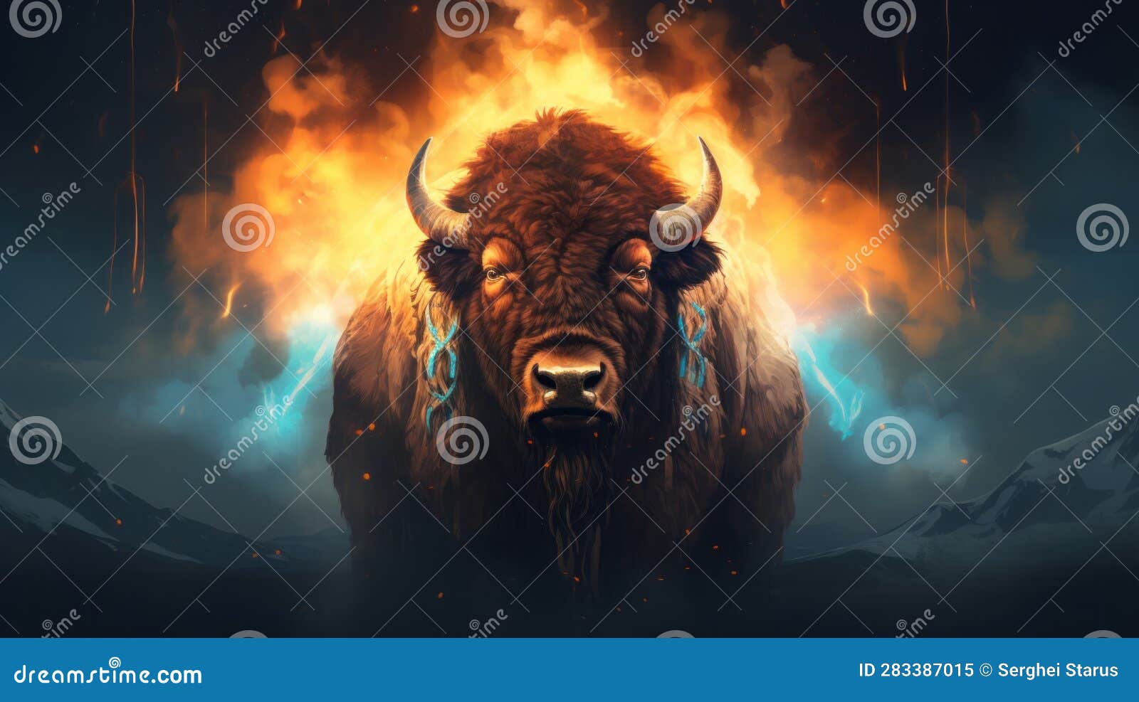 A Bison Standing in Front of a Mountain Covered in Flames. Generative ...
