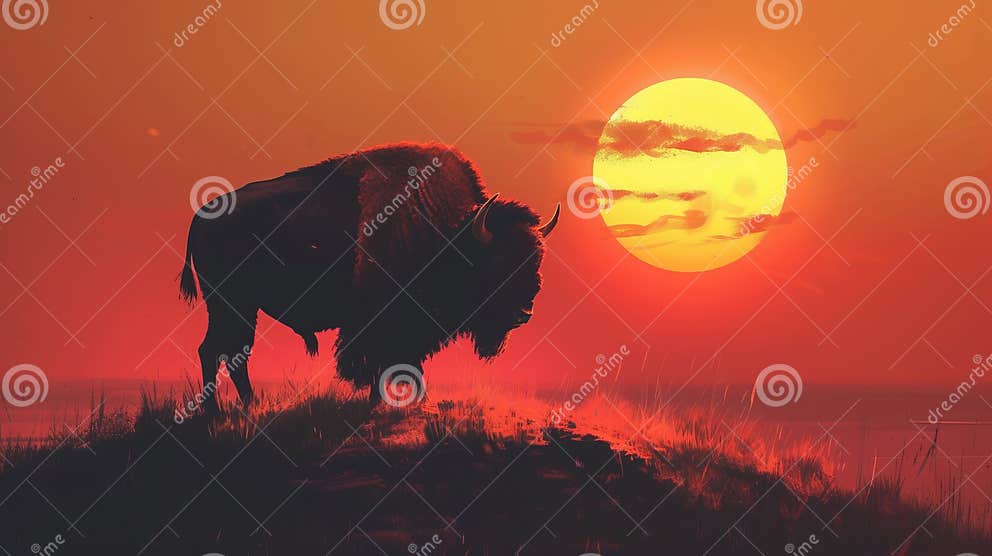 Bison Standing on Hill at Sunset. Generative AI Stock Illustration ...