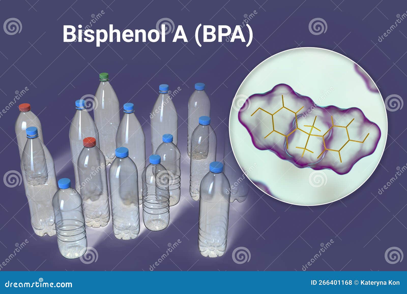 Bisphenol a Molecule and Plastic Bottles, 3D Illustration. Organic ...