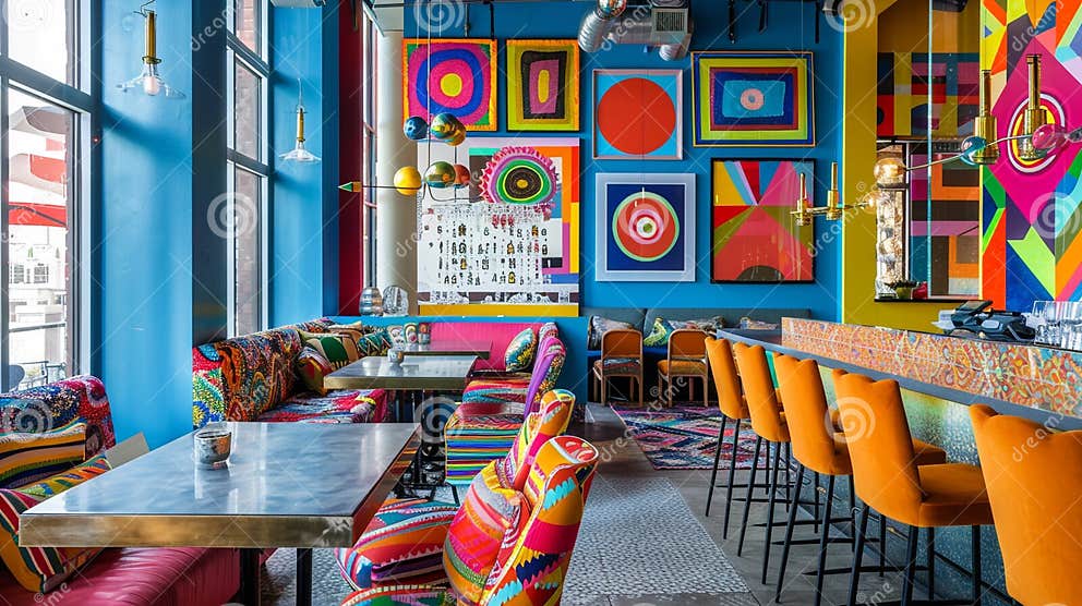 Bistro Interior Featuring Communal Dining and Pop Art Decor Stock ...