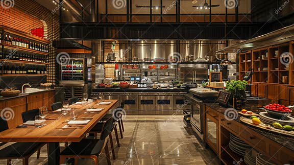 Bistro Interior Featuring Interactive Chef S Stations and Communal ...