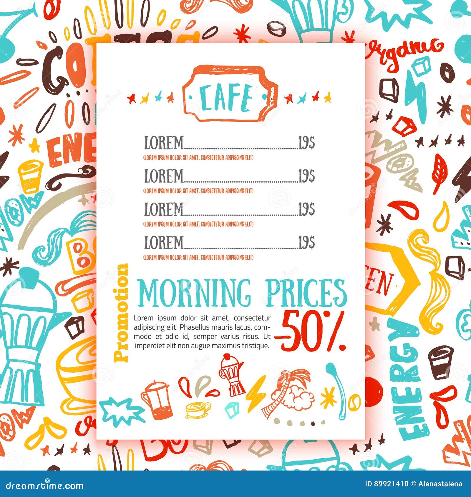 Bistro Menu with Coffee Pattern on Background in Bright Sketch Style ...