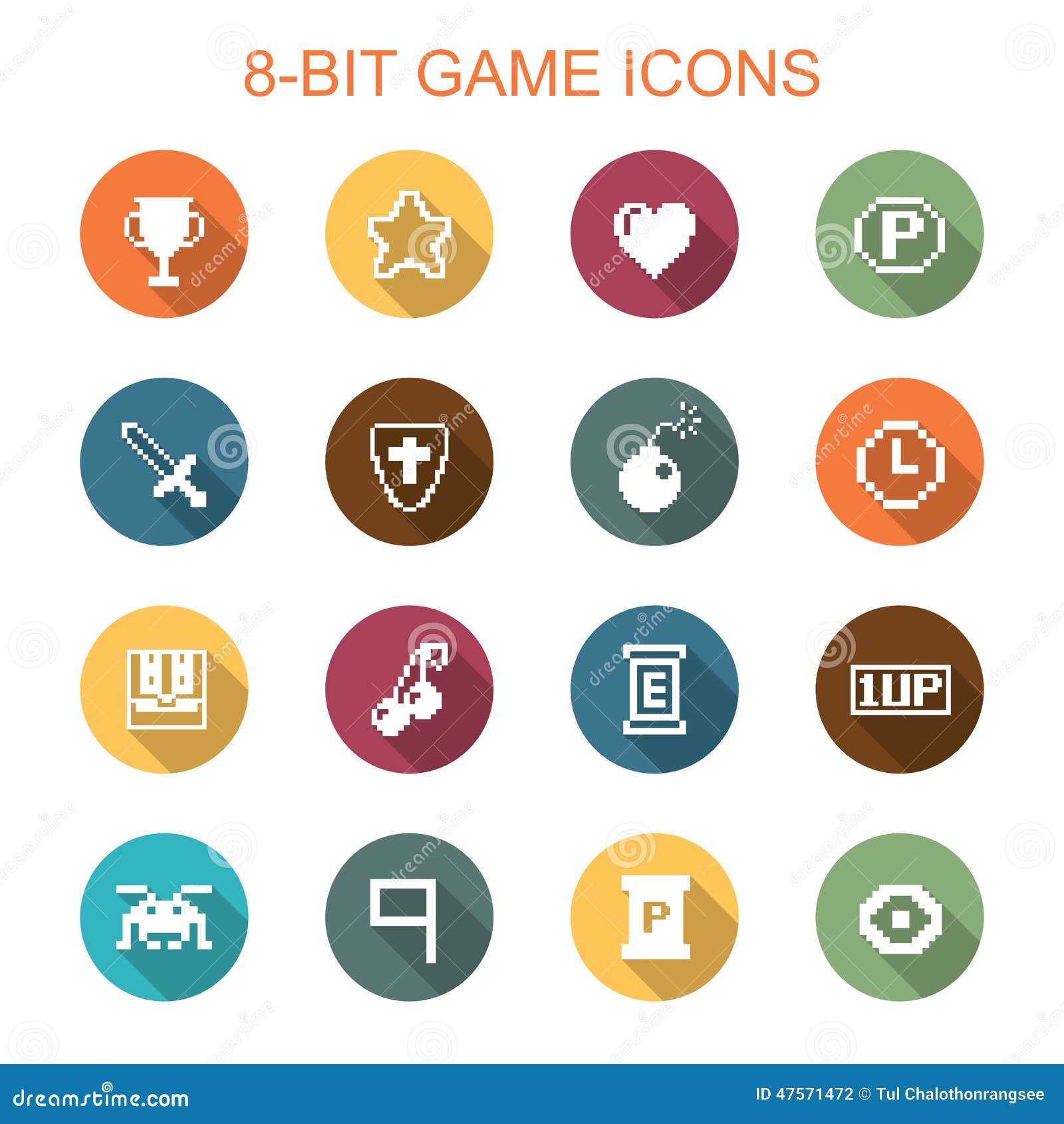 8-bit Game Long Shadow Icons Stock Vector - Illustration of shield ...