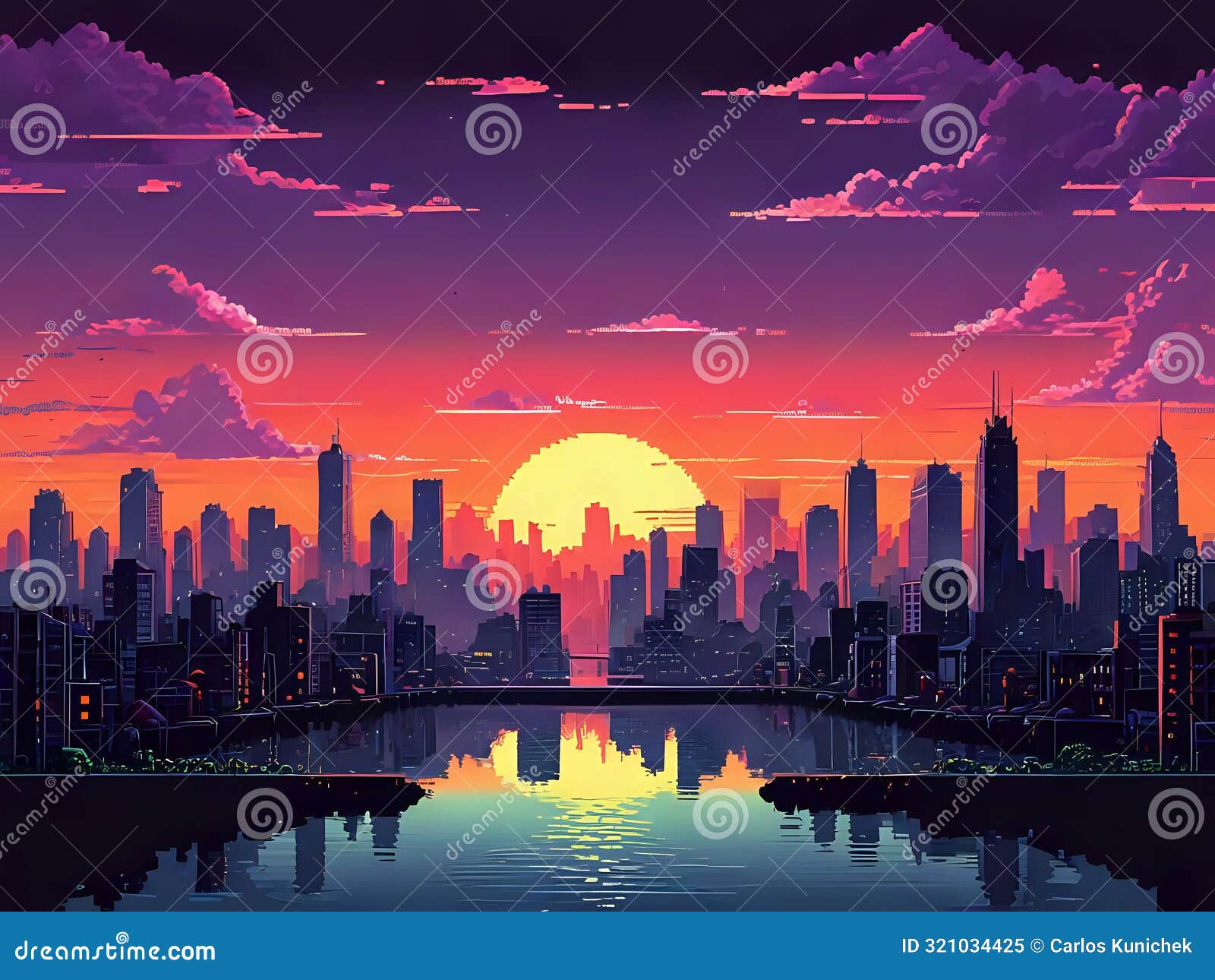 8-bit Graphics Pixels Scene with City at Sunset - Generated by Ai Stock ...