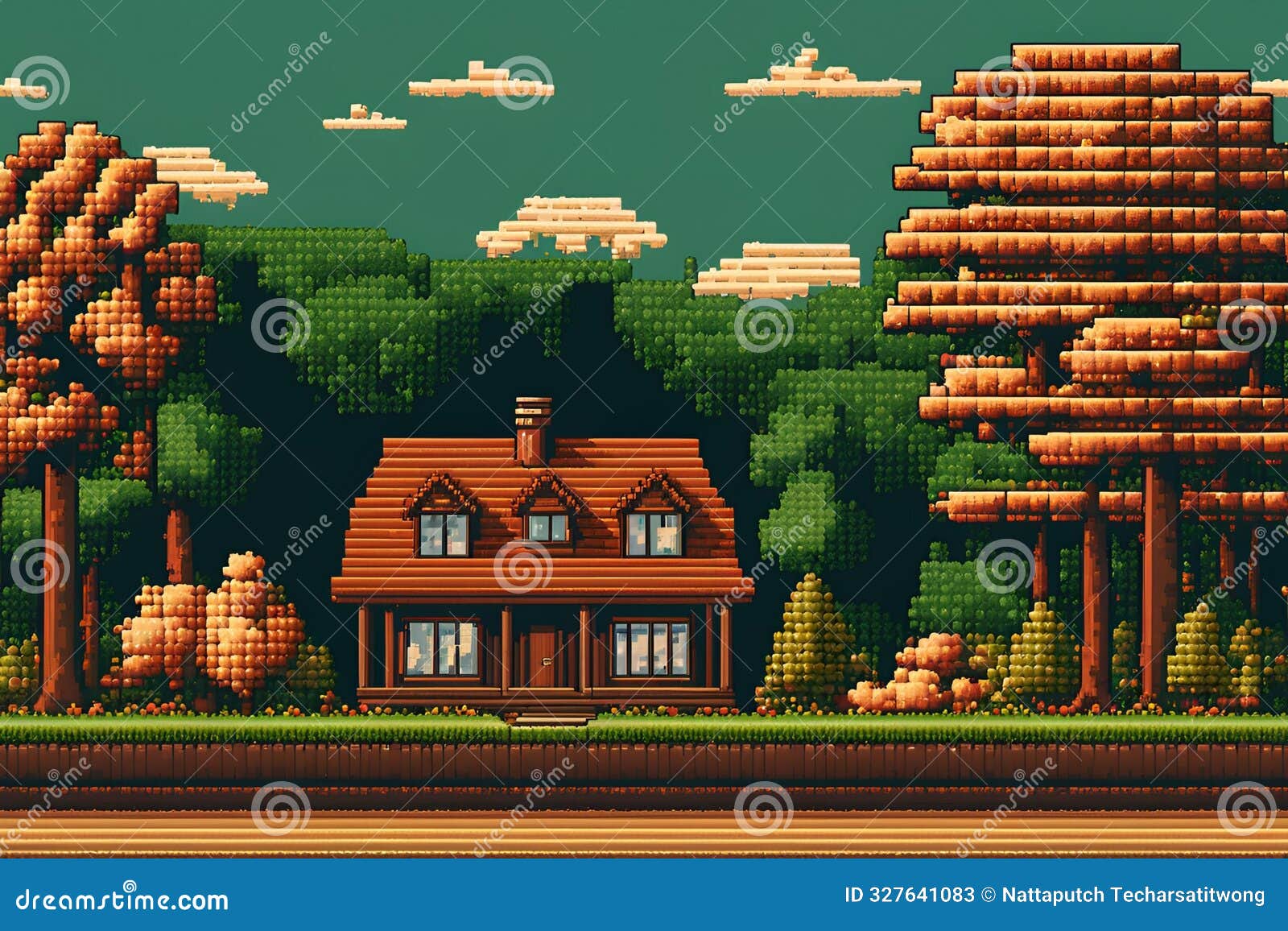 8-bit Graphics Pixels Scene with House and Trees Stock Illustration ...