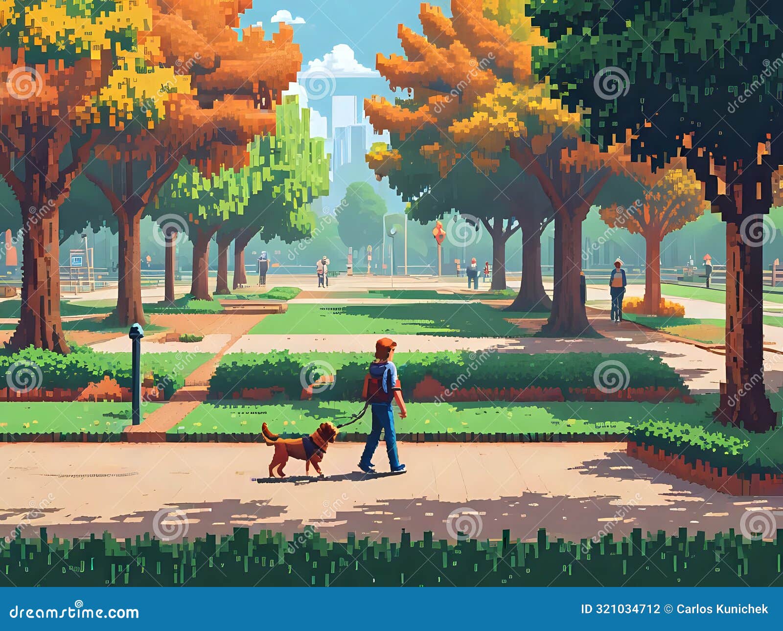 8-bit Graphics Pixels Scene with Person Walking Dog at the Park ...
