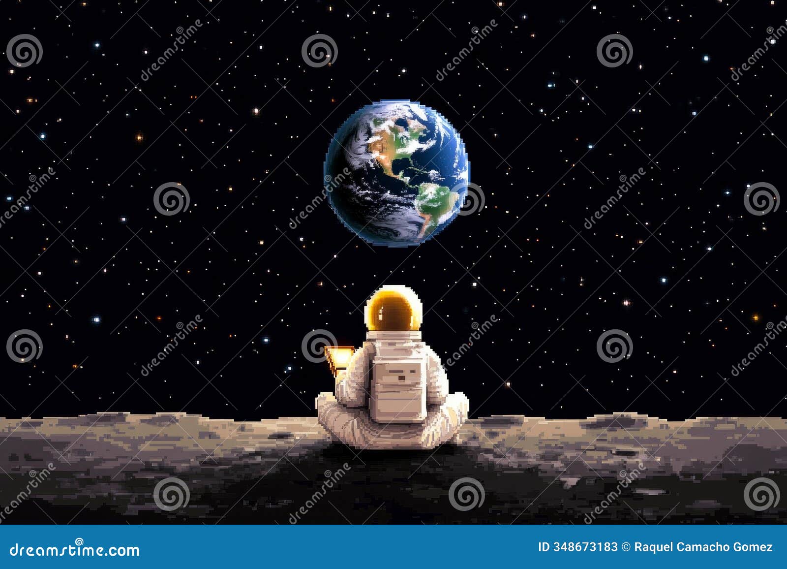 64-bit Pixel Art of an Astronaut Sitting on the Surface of the Moon, Holding a Glowing Tablet ...