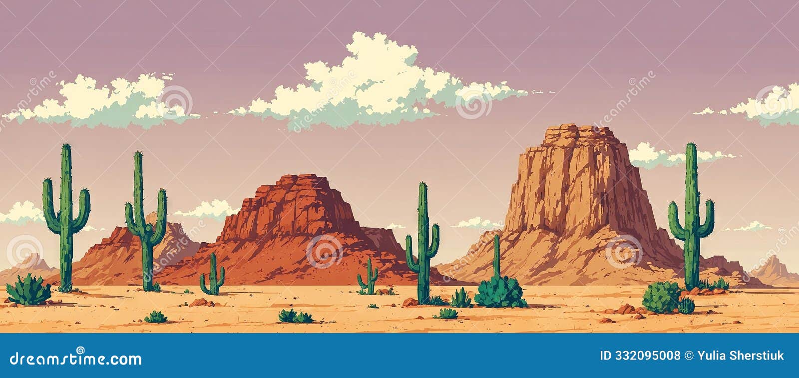 8-bit Pixel Art Background Desert With Cacti And Clouds. Anime Style ...
