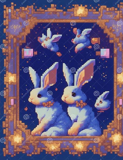 16 Bit Pixel Art Baroque Rabbit, Starry Background Illustration Stock ...