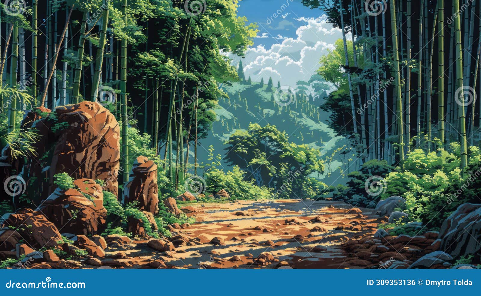 2-bit Pixel Art, Edge of a Bamboo Forest, in the Style of a 16-bit ...