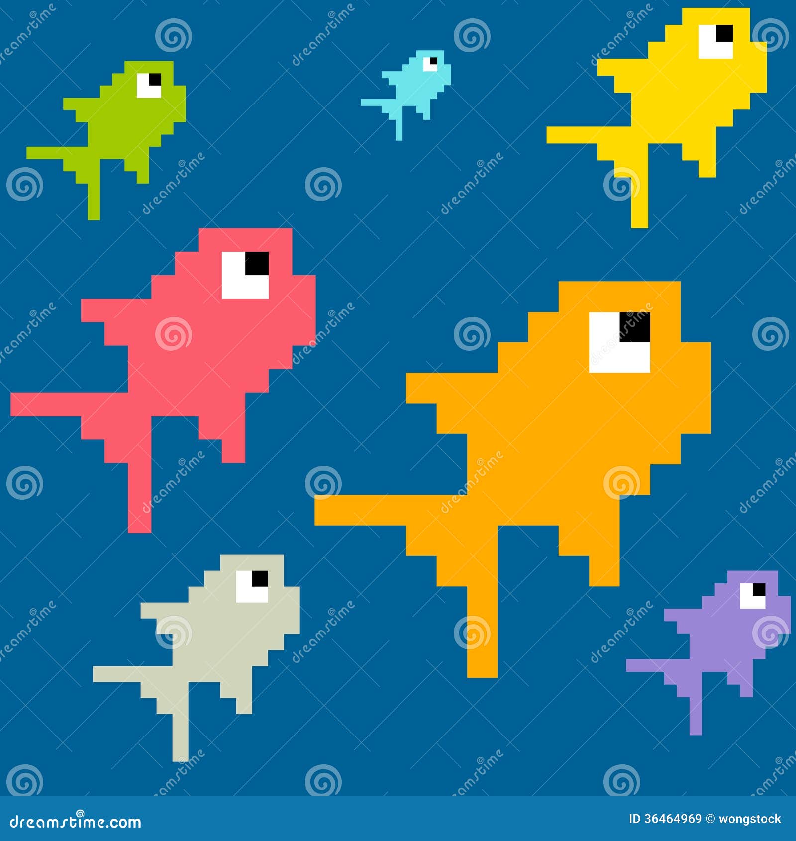 8-Bit Pixel Art Multicolored Fish, Seamless Background Tile Stock ...