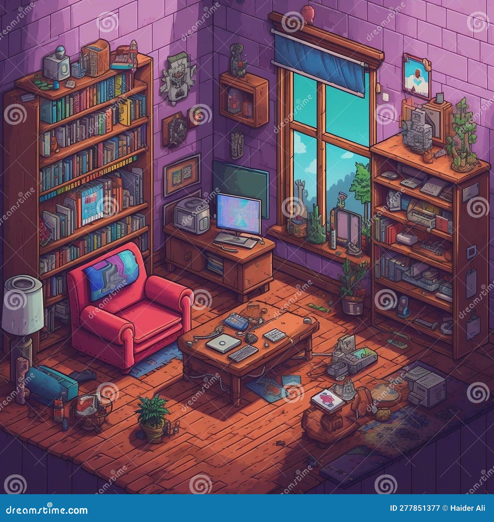 16-bit Pixel Art Room with TV and Books. Generative AI Stock ...