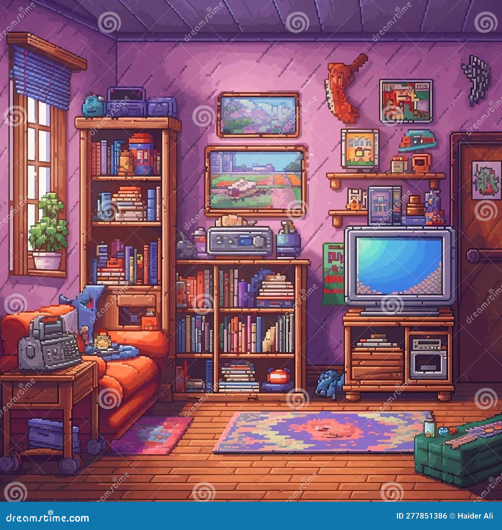 16-bit Pixel Art Room with TV and Books. Generative AI Stock ...