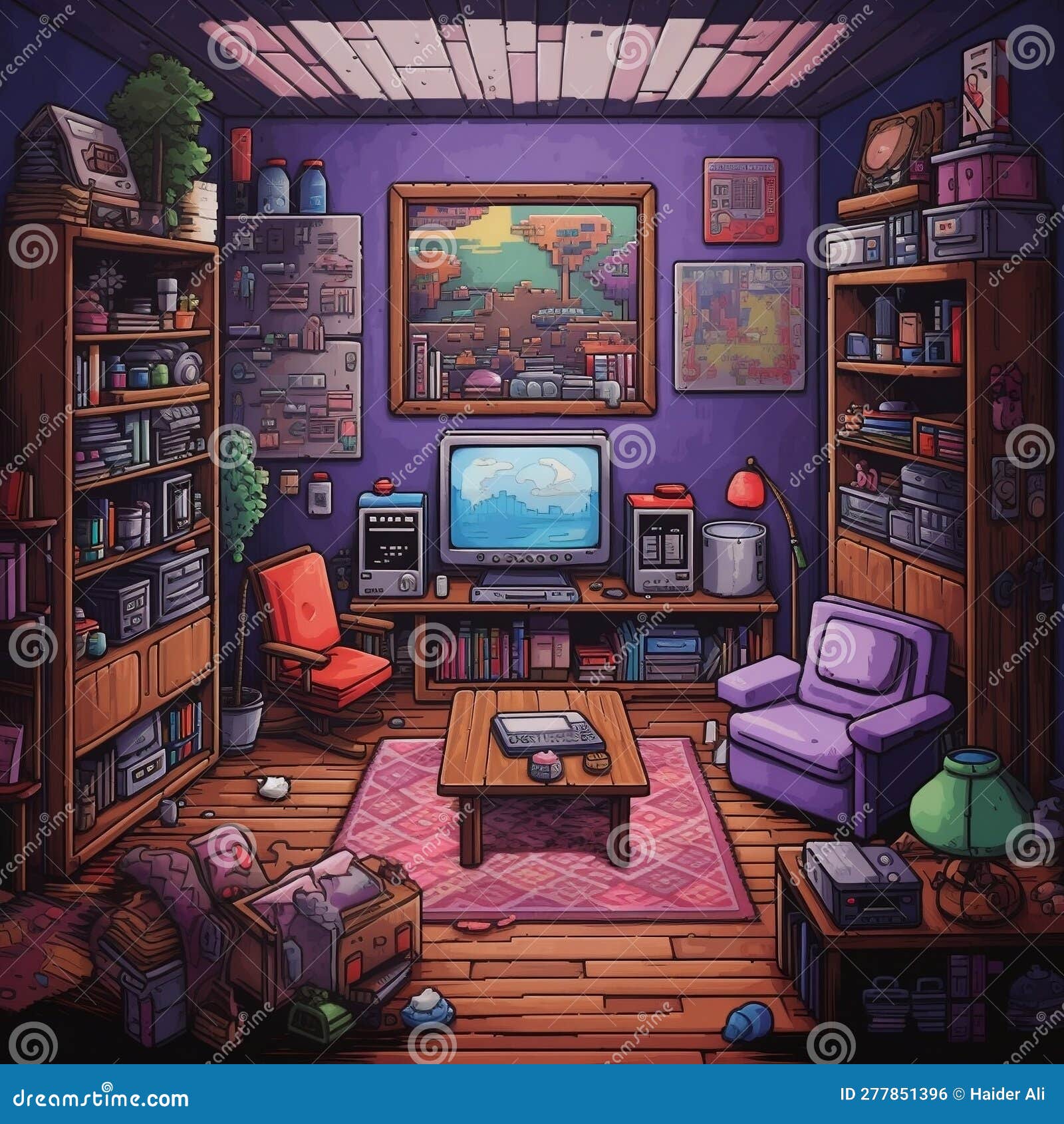 16-bit Pixel Art Room with TV and Books. Generative AI Stock ...
