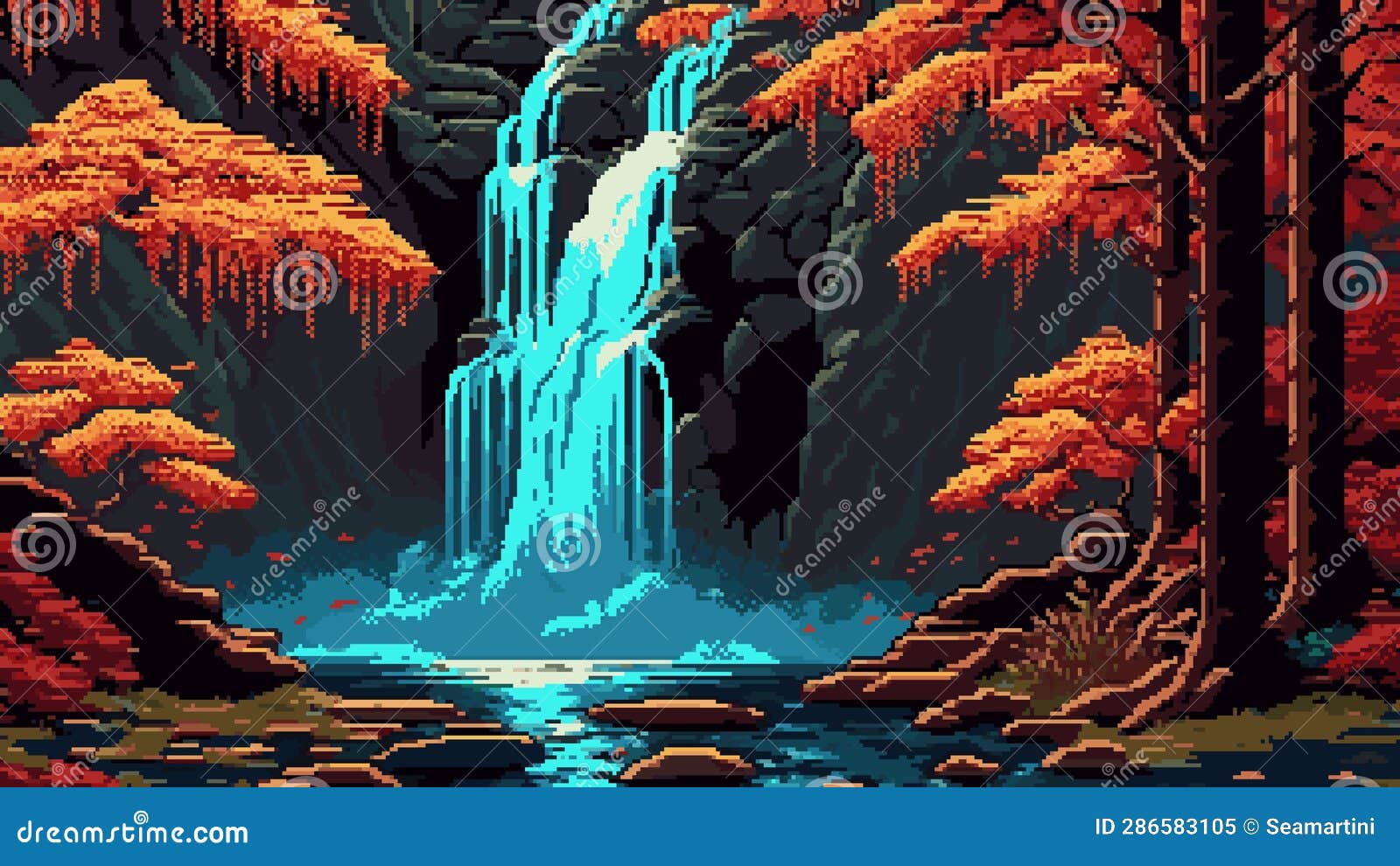 8 Bit Pixel Autumn Forest Waterfall, AI Generated Stock Vector ...