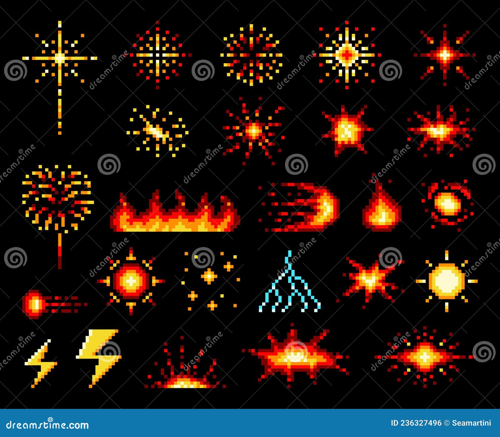 8 Bit Pixel Fire Flames, Explosion and Fireballs Stock Vector ...