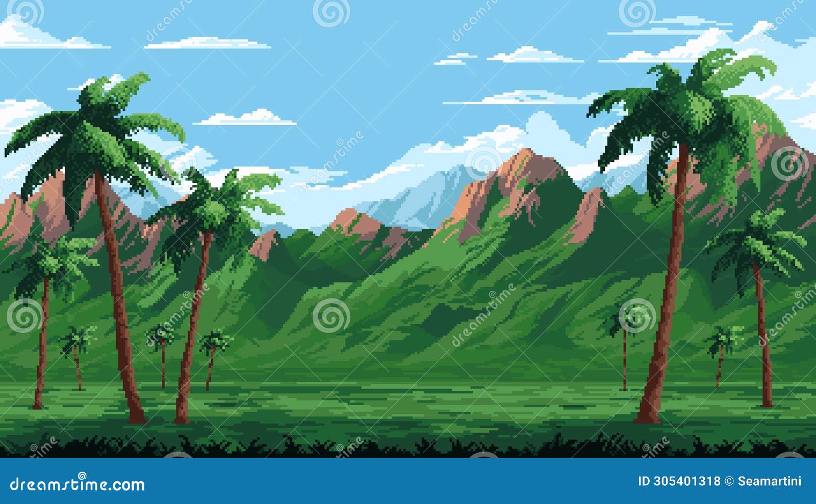 8 Bit Pixel Game, Tropic Jungle Forest Landscape Stock Vector ...