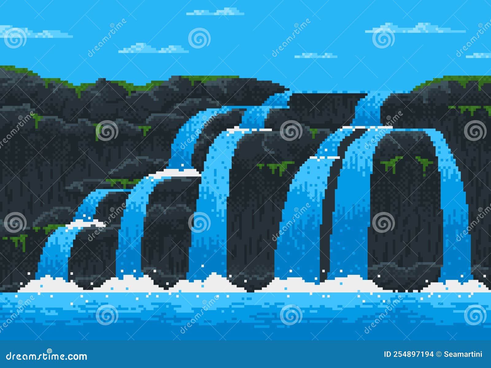 8 Bit Pixel Game Waterfall Cascade Landscape Level Stock Vector ...