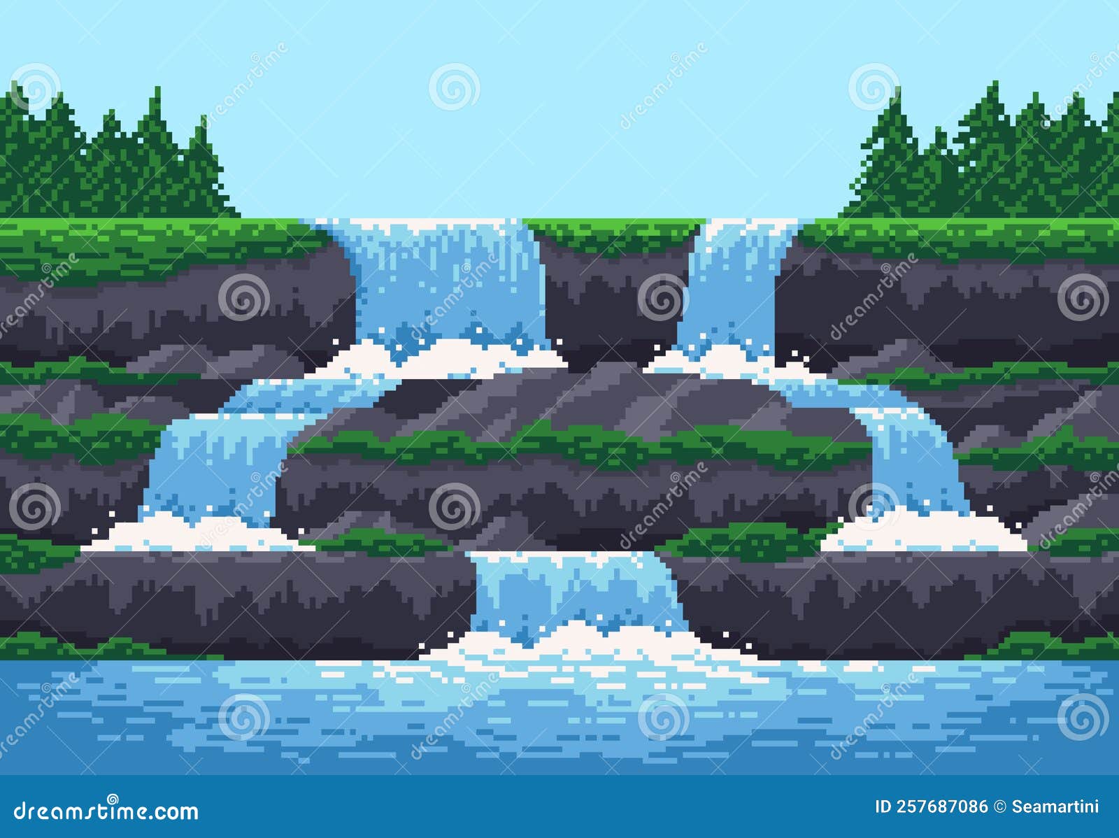 8 Bit Pixel Game Waterfall Cascade Level Landscape Stock Vector ...