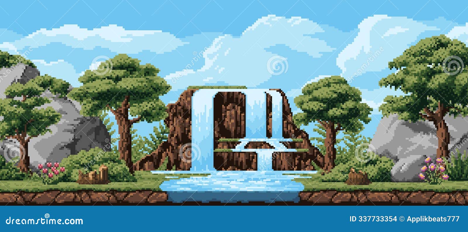 Pixel Art Landscape Mountains, Trees, River. Retro Background For Game ...