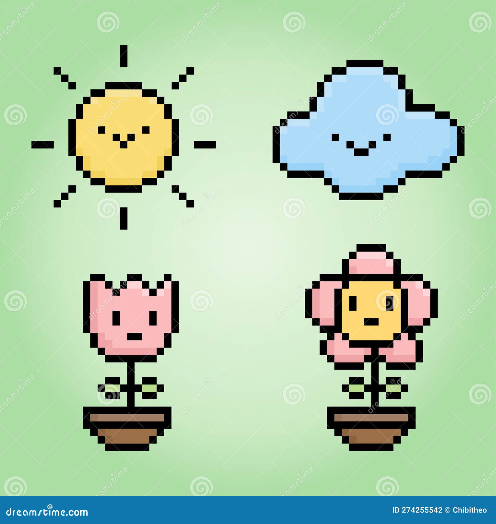 8 Bit Pixel of Nature Set, Sun, Cloud, Tulip, Flower in Vector Stock ...