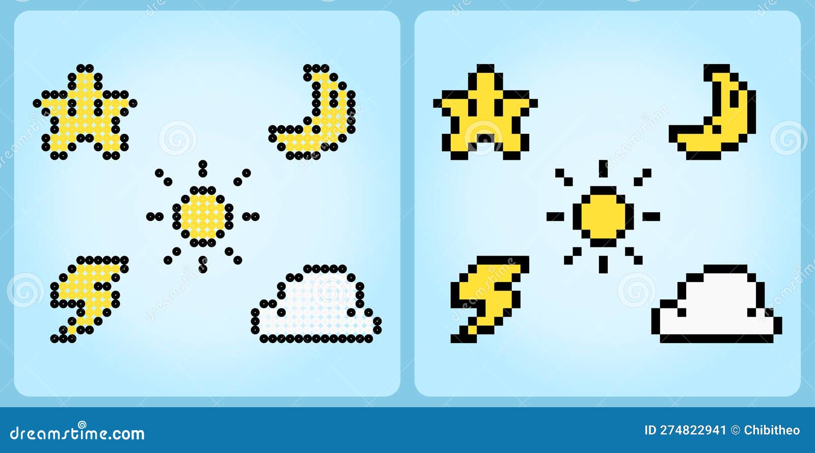8-bit Pixel, UI Nature Symbol Icon. Star, Moon, Sun, Flash and Cloud ...