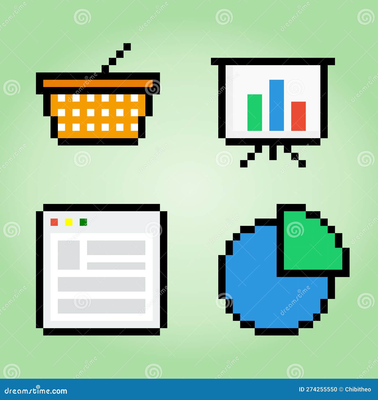 8-bit Pixel, UI Symbol Icon. Basket, Graph, Note Symbols and Partition ...