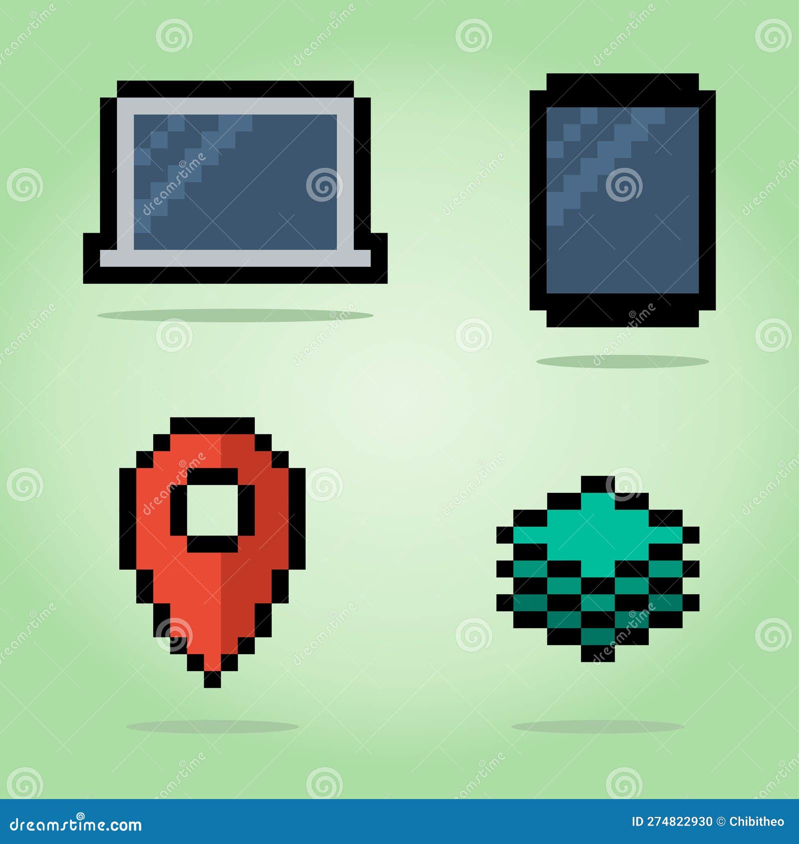 8-bit Pixel, UI Symbol Icon. Notebook, Smartphone, Pin and Layer Icon ...