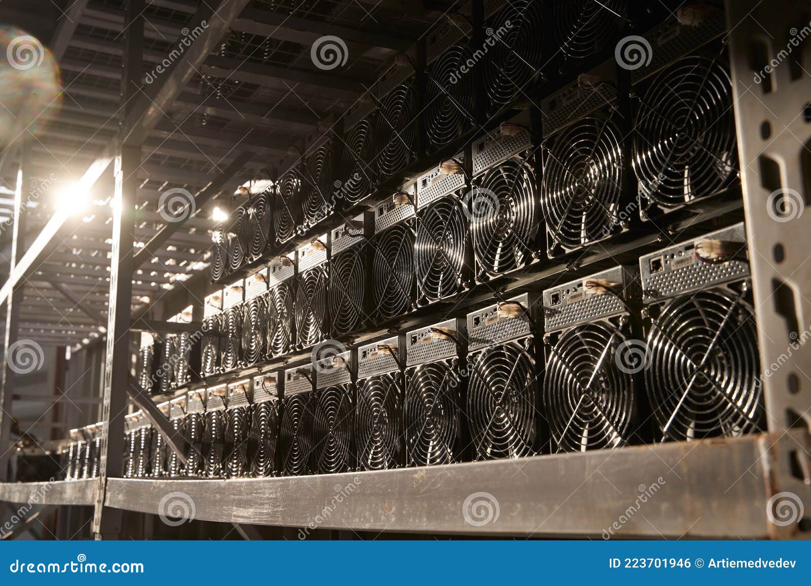 Bitcoin Asic Miners In Warehouse Asic Mining Equipment On Stand Racks