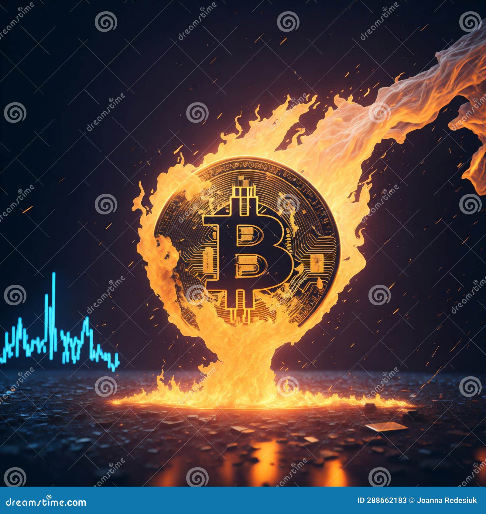 Bitcoin on the Background of Hot Fire and Blue Currency Exchange Rate ...