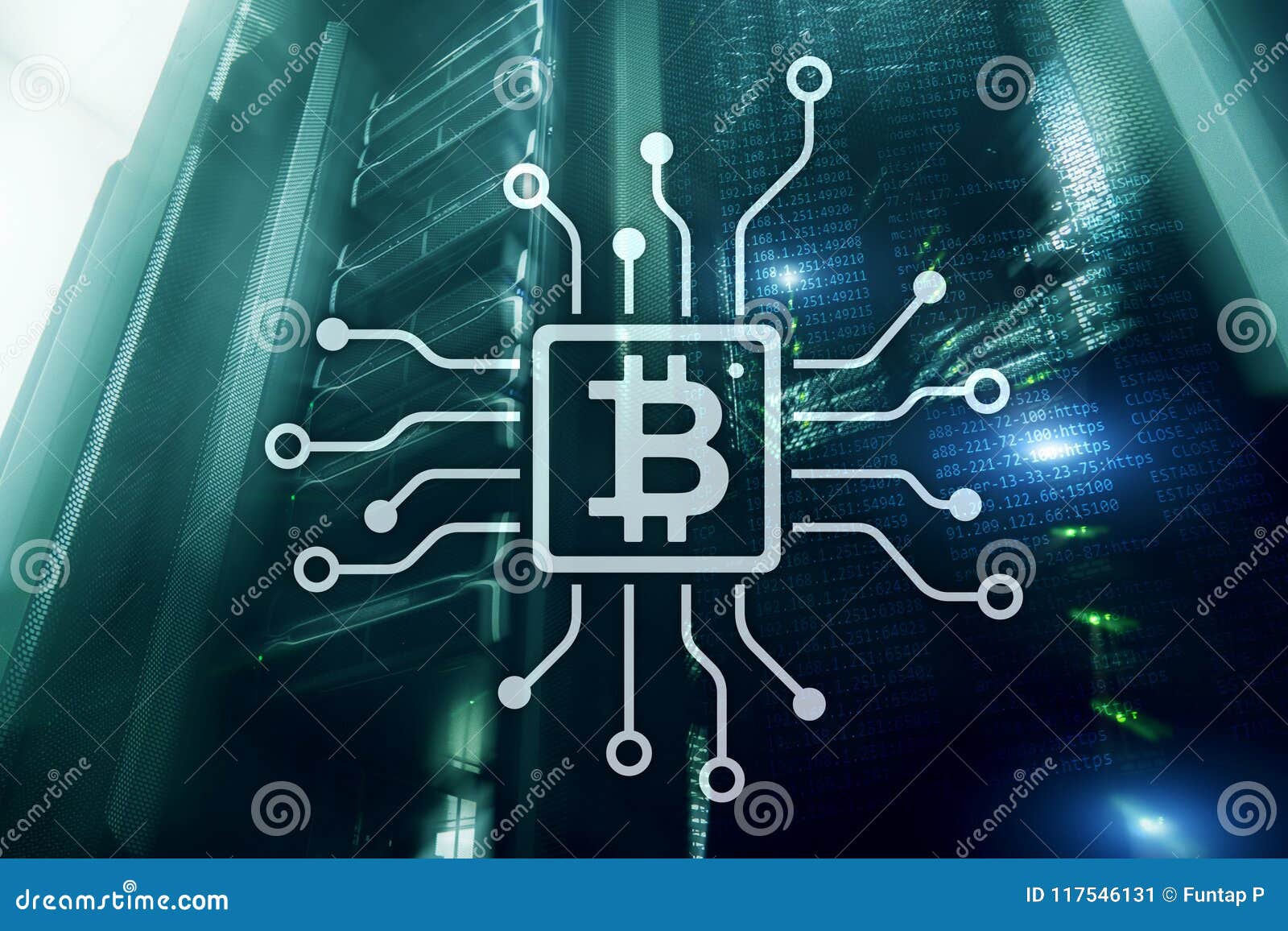 Bitcoin, Blockchain-concept Op De Achtergrond Van De Serverruimte Stock ...