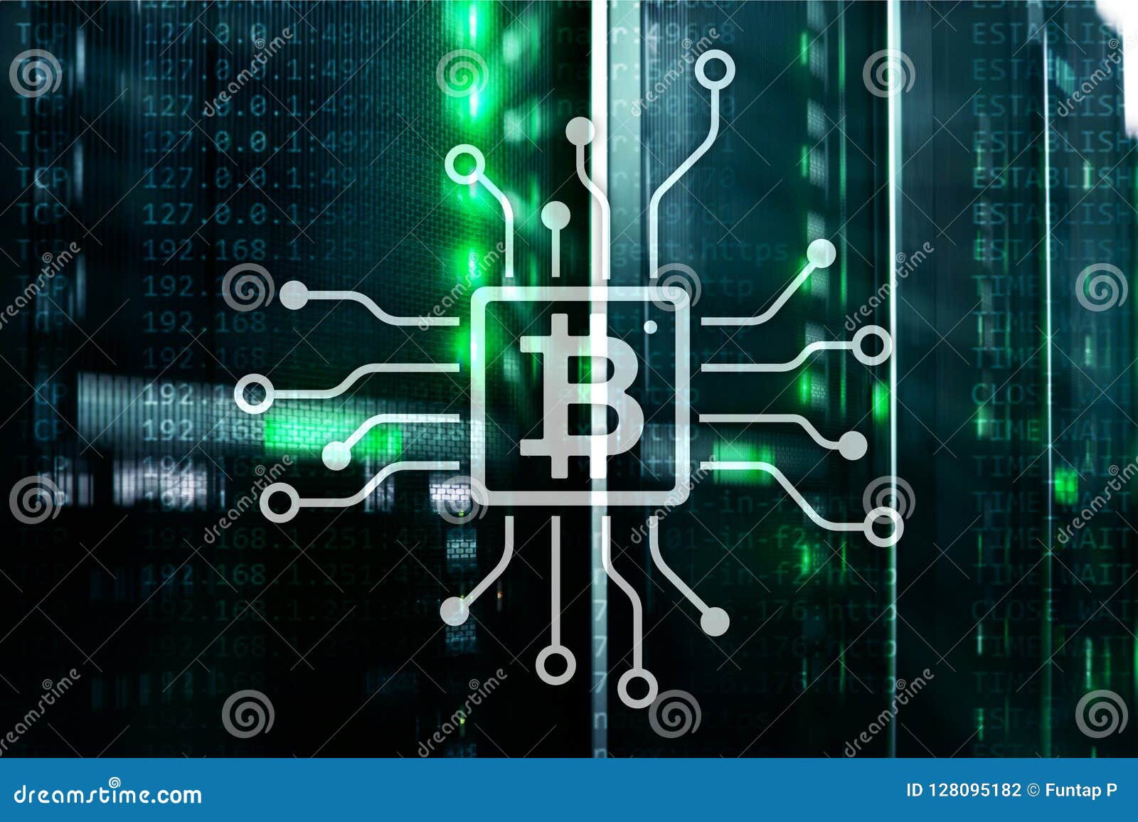 Bitcoin, Blockchain Concept on Server Room Background Stock Photo ...