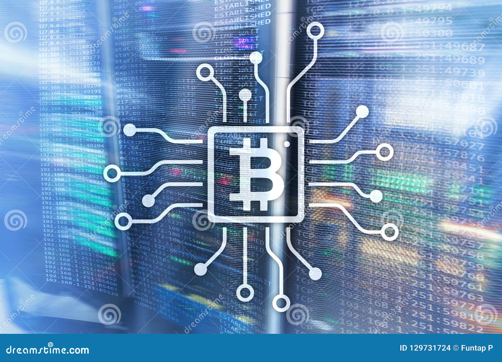 Bitcoin, Blockchain Concept on Server Room Background Stock ...