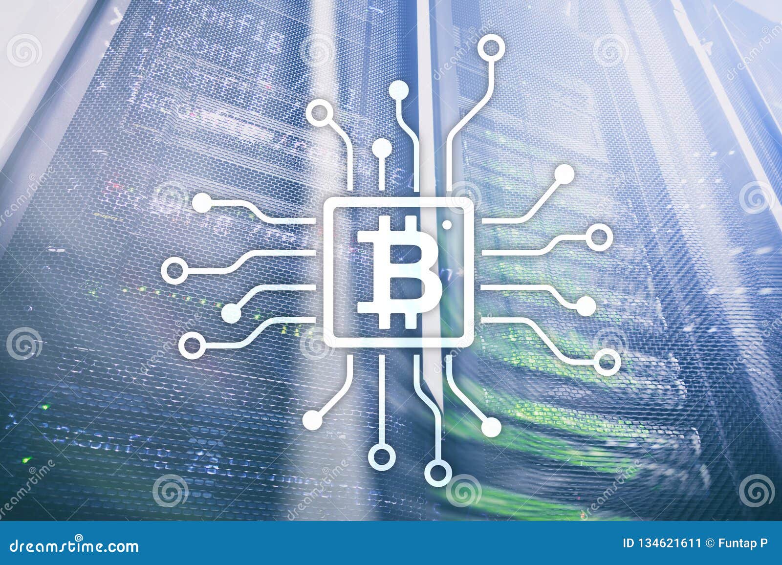 Bitcoin, Blockchain Concept on Server Room Background. Stock ...