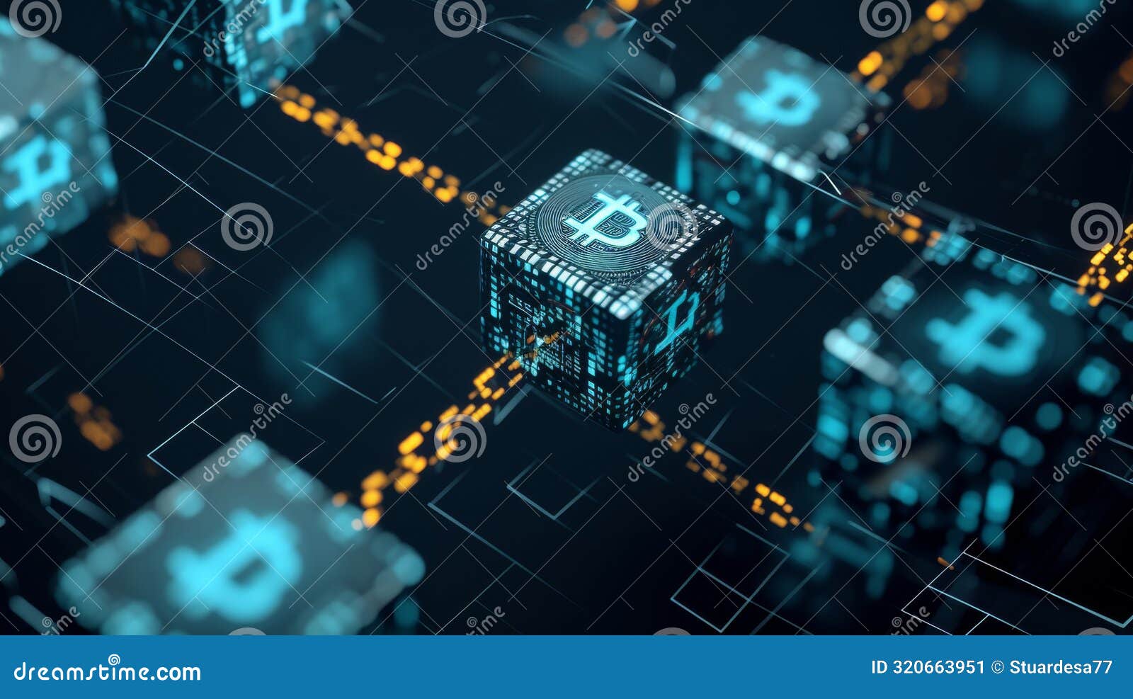 Bitcoin Blockchain Cubes in Digital Network Background Stock ...