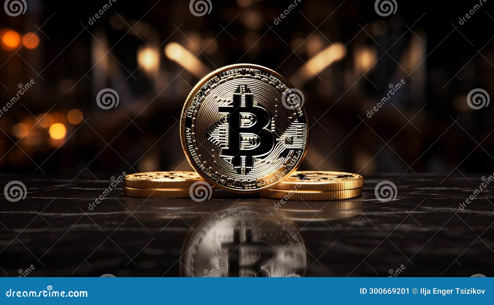 Bitcoin on Blurred Defocused Black Abstract Background with Copy Space ...