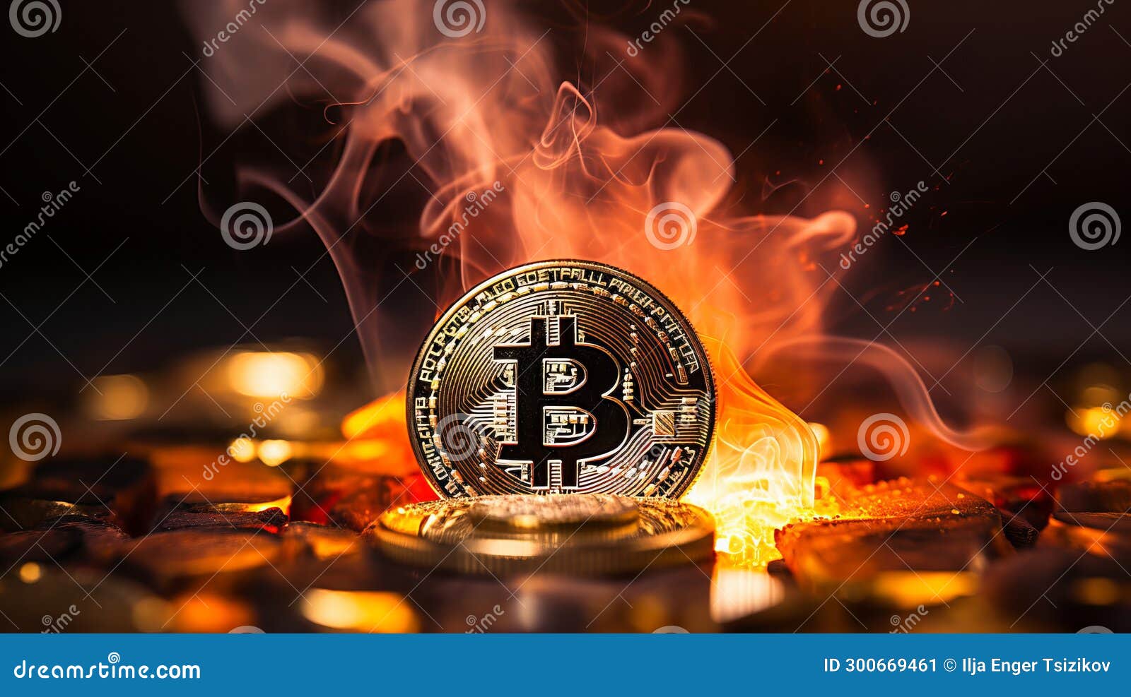 Bitcoin on Blurred Fire Abstract Background with Text Space, Digital ...