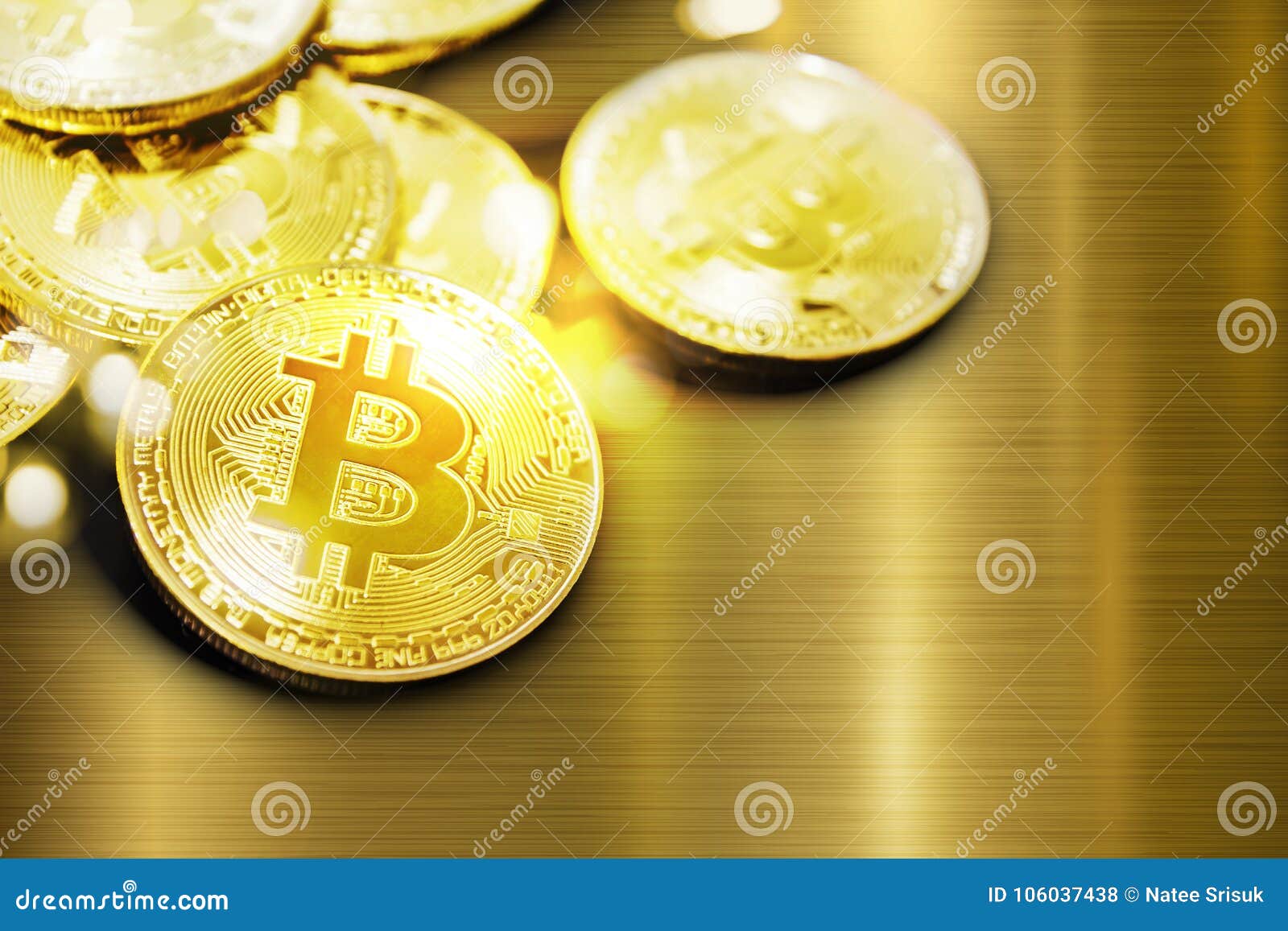 Bitcoin and Bokeh Light on Gold Metal Background Stock Photo - Image of ...