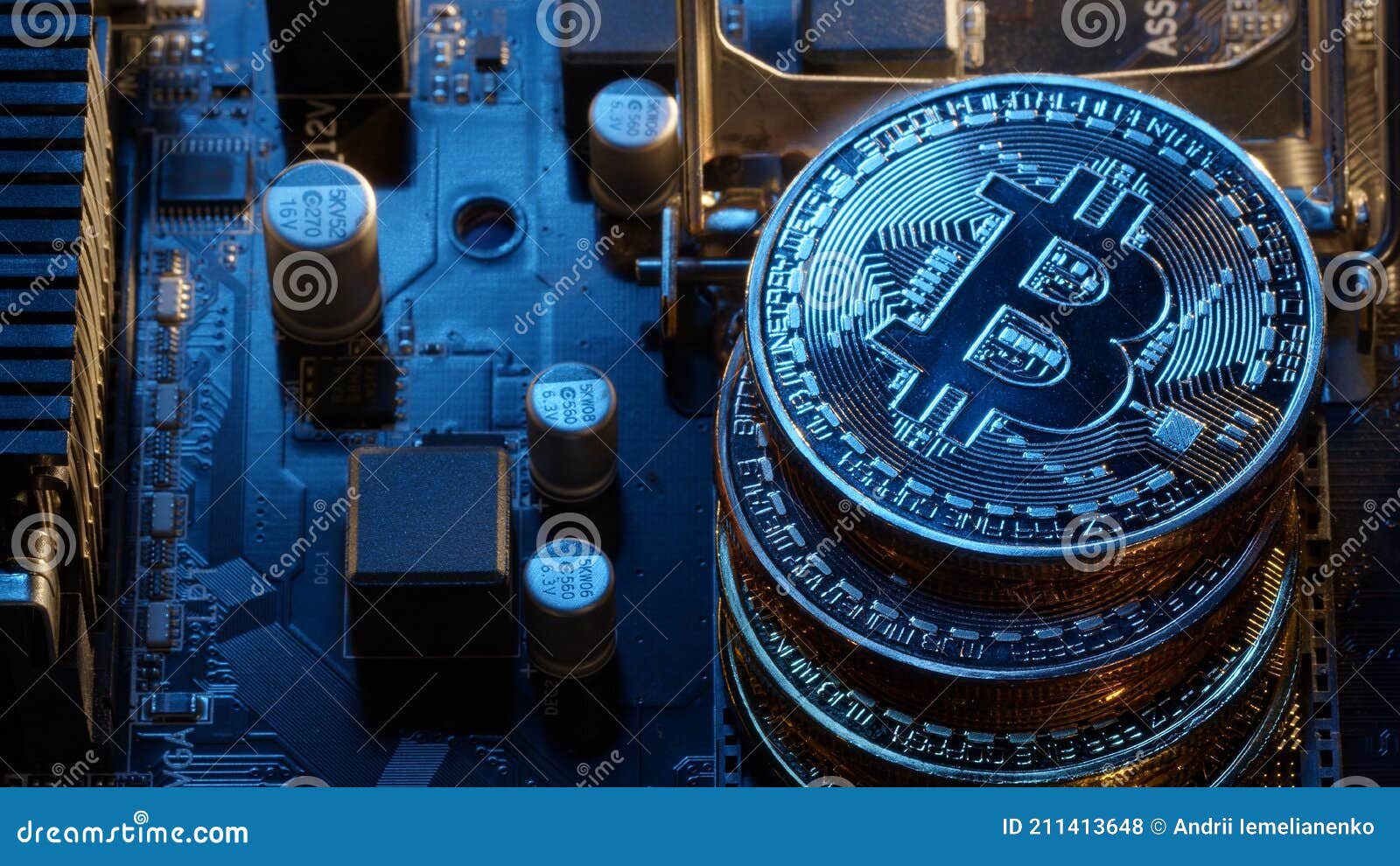 Bitcoin BTC Coins in CPU Central Processor Socket on Digital Pc ...